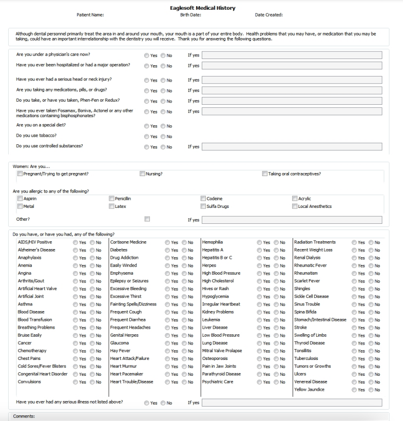 Eaglesoft Medical History Form